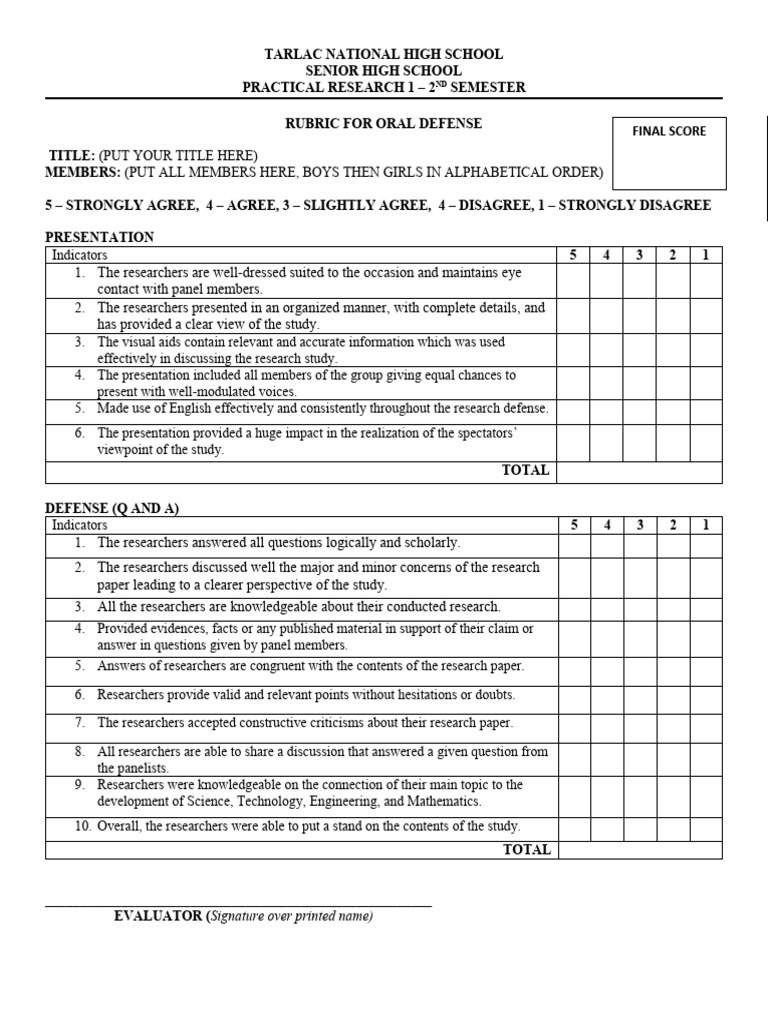 Rubric For Oral Defense | PDF | Cognition | Science