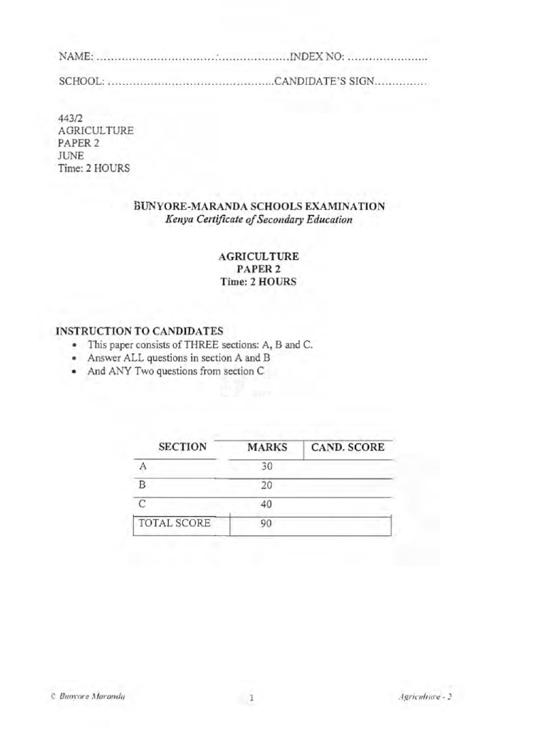 2016 MOCK Bunyore Maranda Agriculture Paper2 | PDF