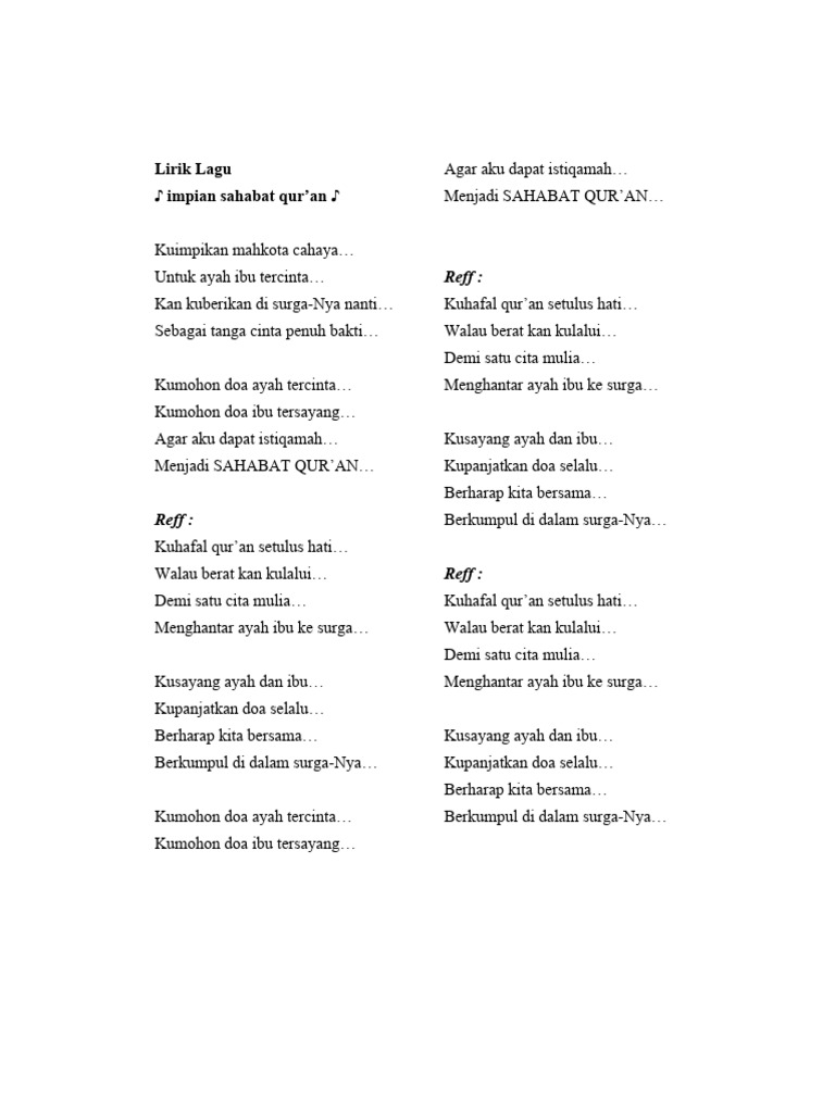 Lirik Lagu Impian Sahabat Qur'An | PDF