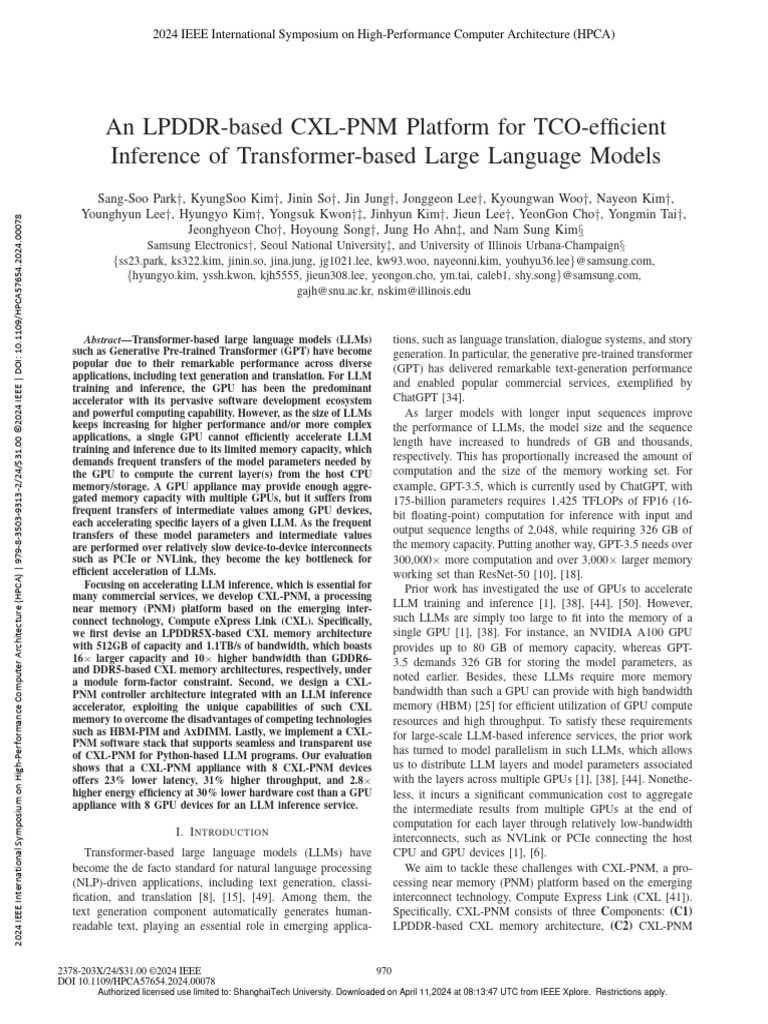 1 An LPDDR-based CXL-PNM Platform For TCO-efficient Inference of Transformer-Based Large ...