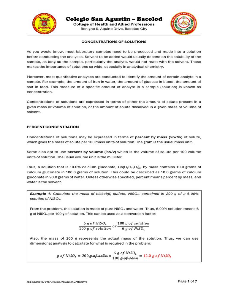Concentration Calculations in Chemistry | PDF | Parts Per Notation ...