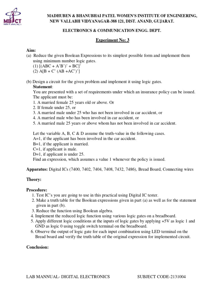 Experiment 3 | PDF | Logic Gate | Boolean Algebra