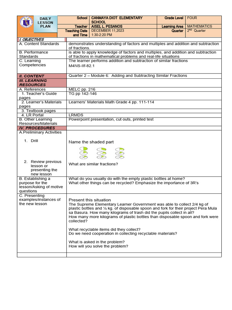 Lesson Log in Math 4 COT q2 | PDF | Learning | Behavior Modification