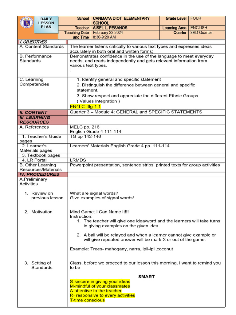 Lesson Log in English 4 COT Q3 | PDF | Learning