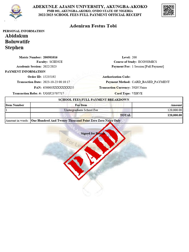 AAUA 2022/2023 School Fees Receipt | PDF