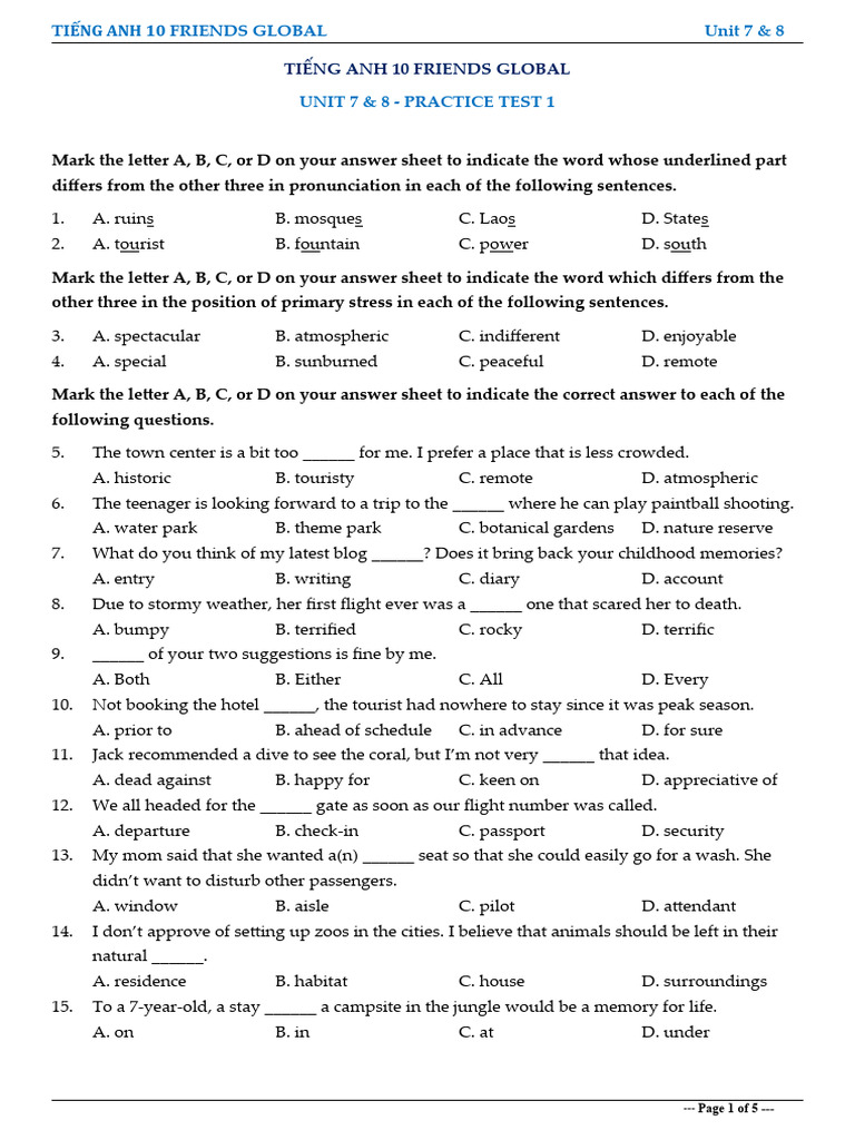 Tieng Anh 10 Friends Global - Unit 7&8 - Test 1 | PDF | Anxiety