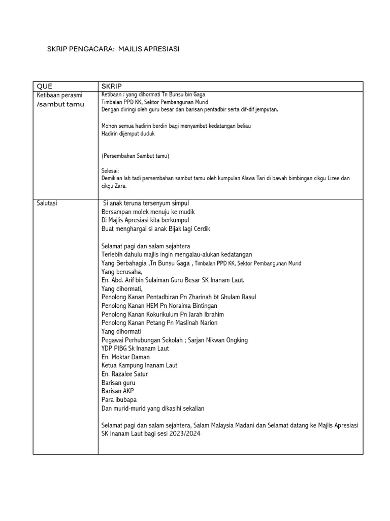 SKRIP PENGACARA Majlis Apresiasi | PDF
