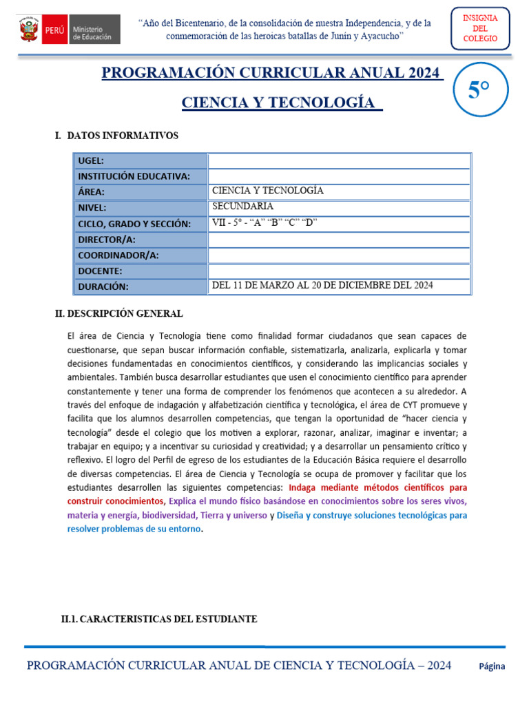 Cyt 5° - Programación Curricular Anual | PDF | Aprendizaje | Science