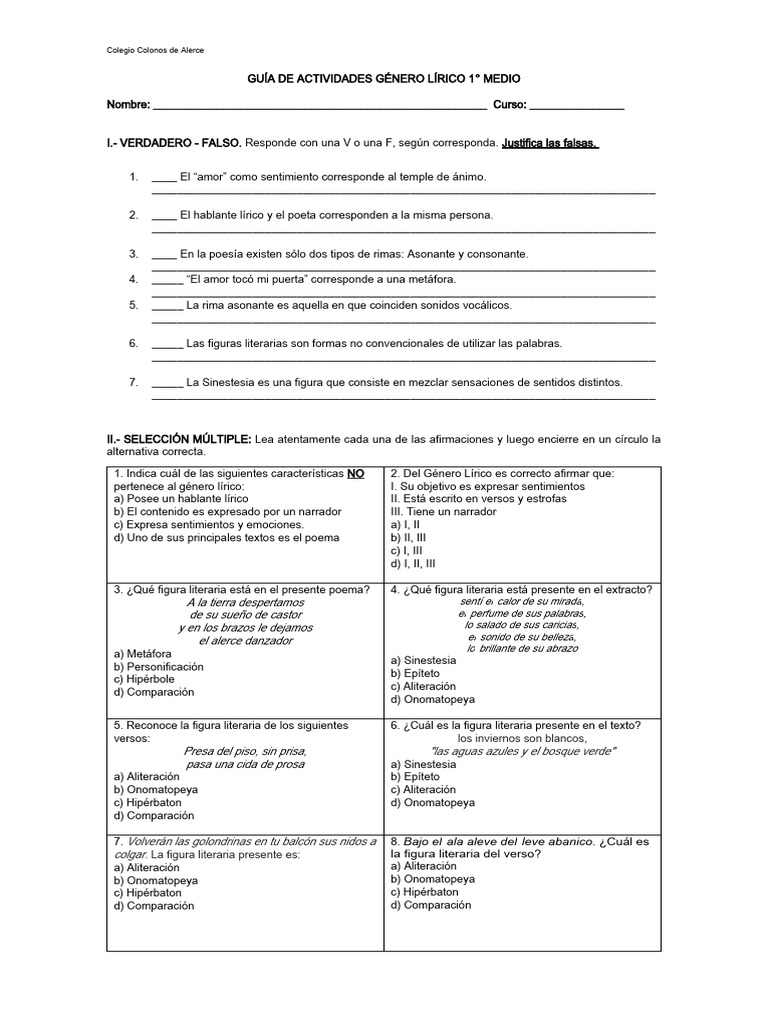 Actividades de Género Lírico 1° Medio | PDF | Poesía | Rima