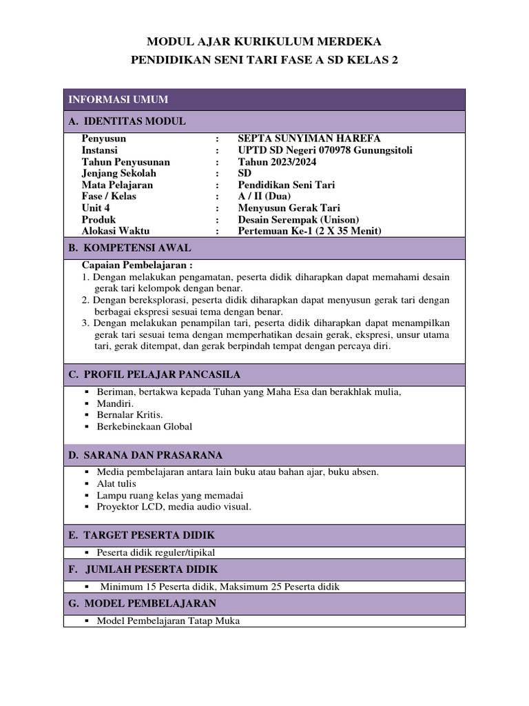 Modul Ajar (RPP) Seni Tari Kelas 2 SD Kurikulum Merdeka | PDF