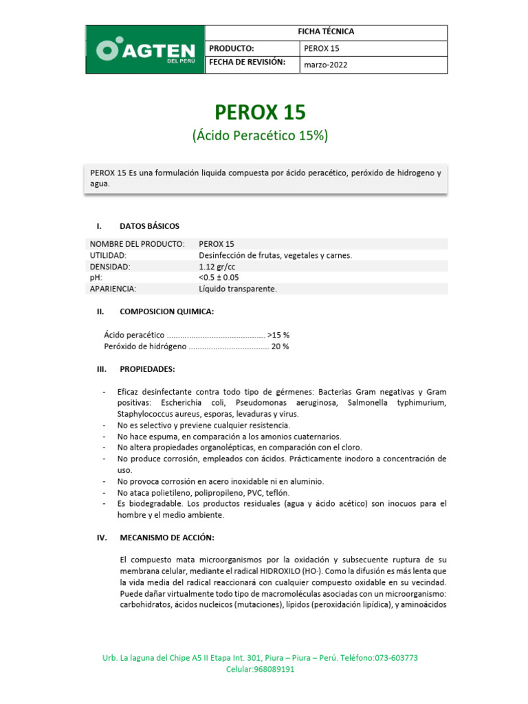 Ficha Técnica de Perox 15 | PDF | Sustancias químicas | Biología