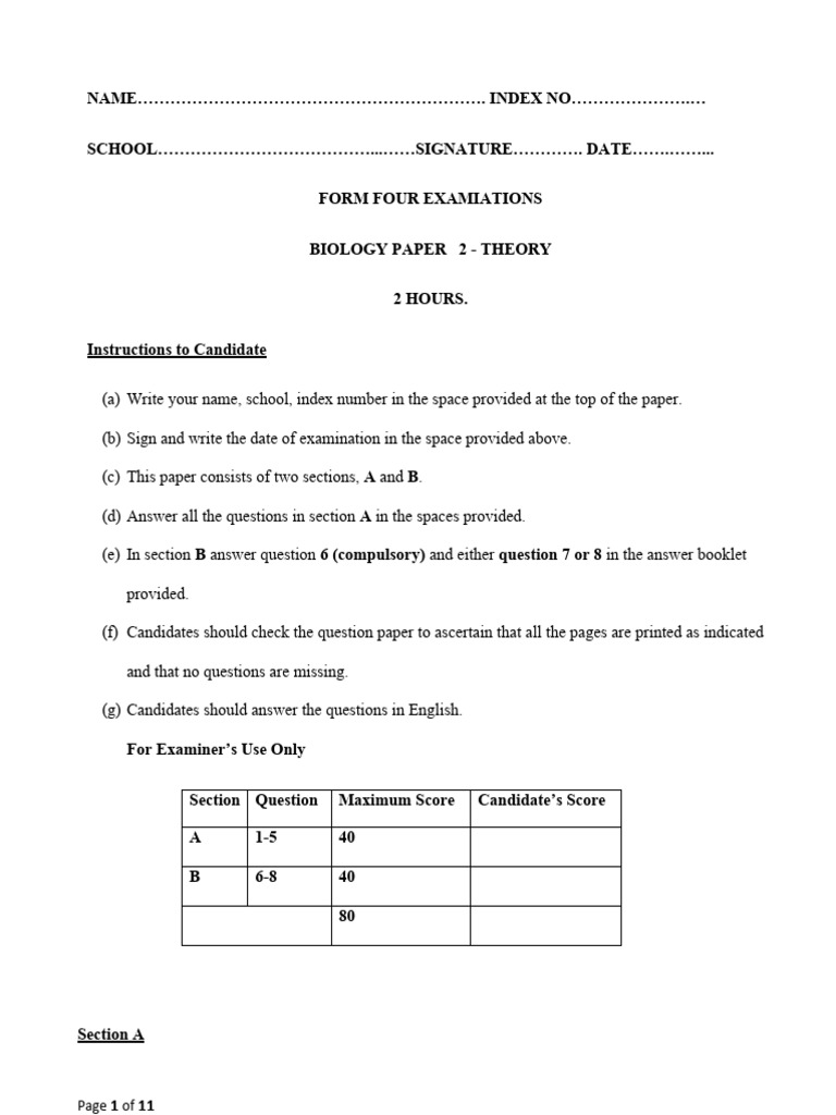 Form 4 Biology - Paper 2 - Question Paper | PDF | Biology