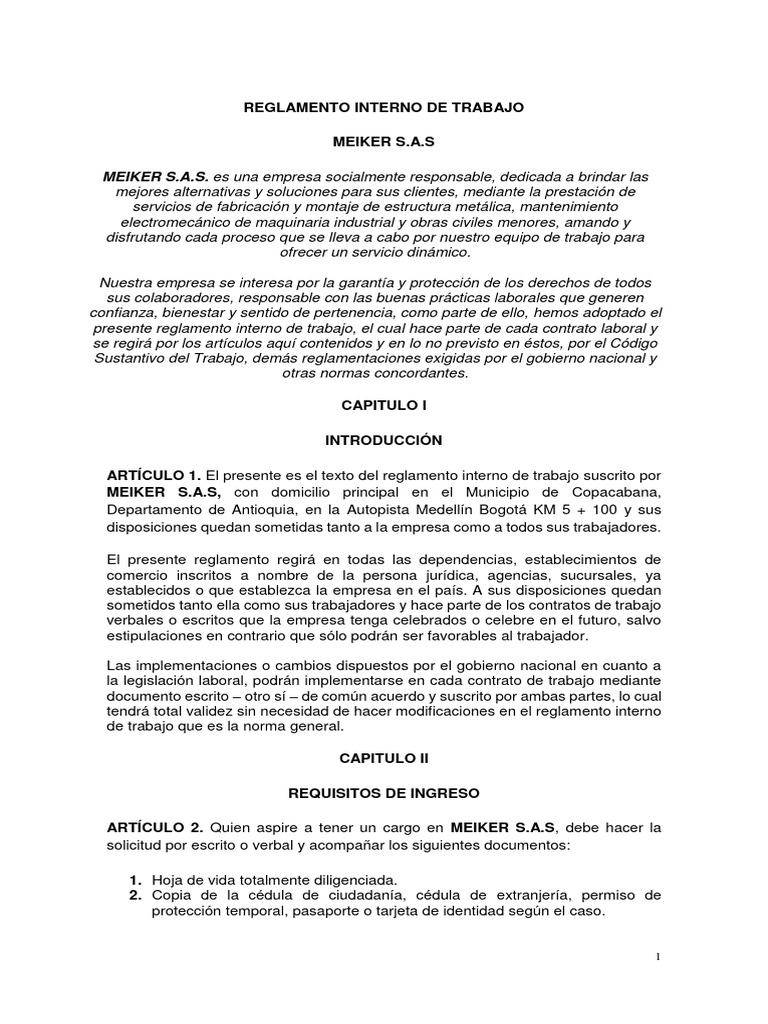 Reglamento Interno de Trabajo Meiker | PDF | Salario | Derecho laboral