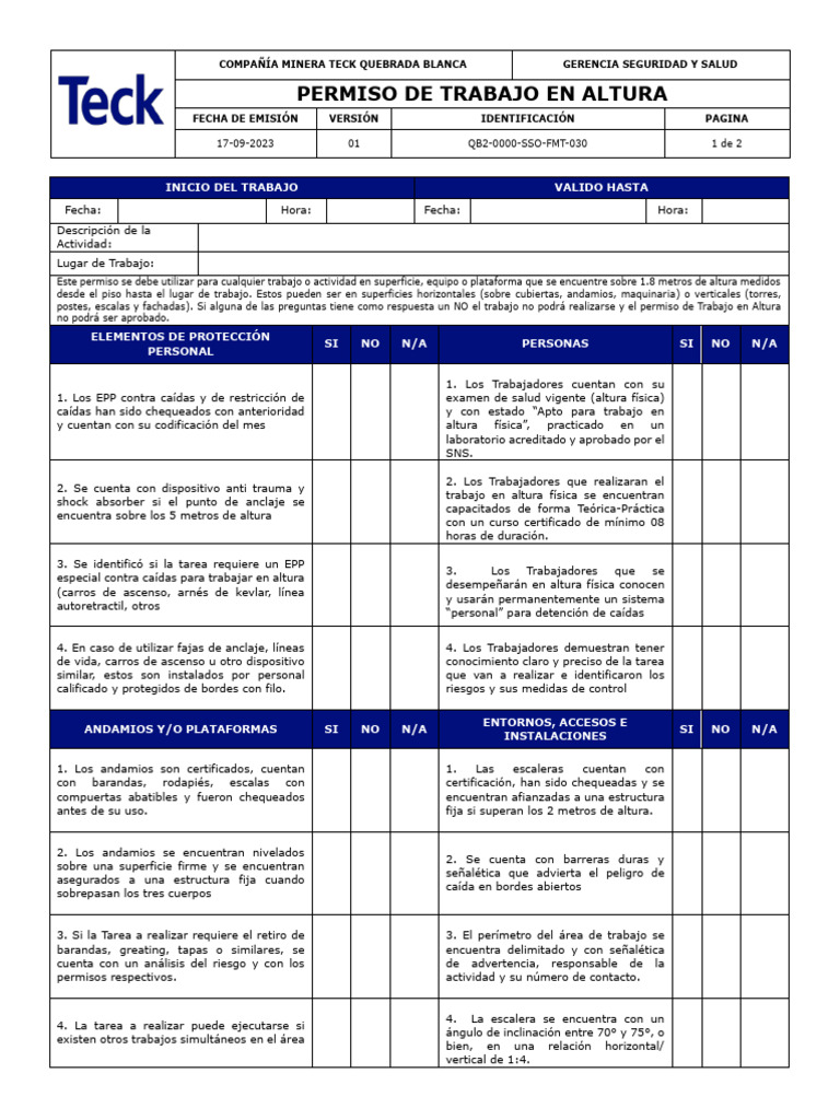 QB2-0000-SSO-FMT-030 Permiso de Trabajo en Altura | PDF