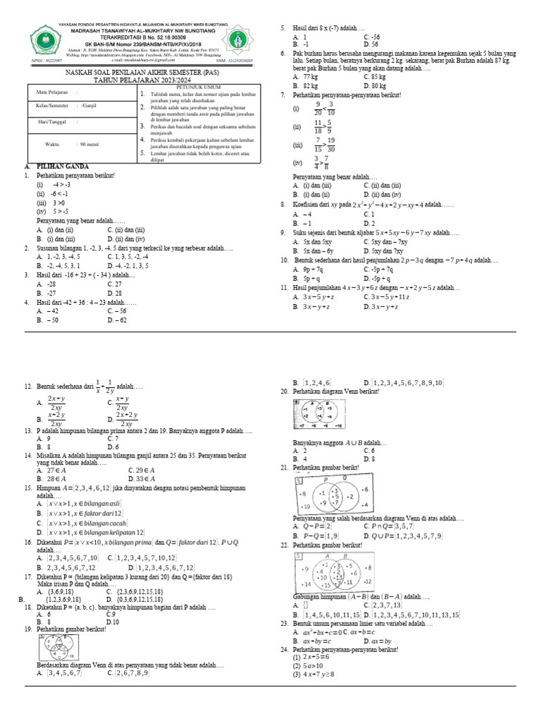 Soal Pas Kelas Vii MTK Sms 1 2023 | PDF