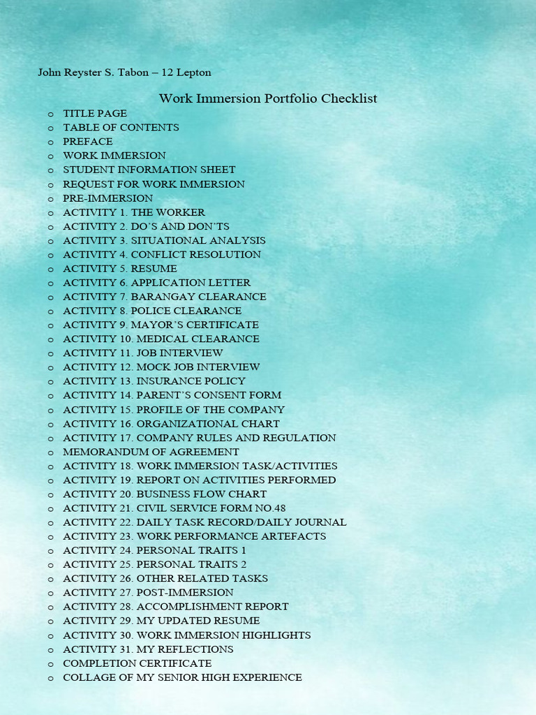 Work Immersion Portfolio Guide | PDF