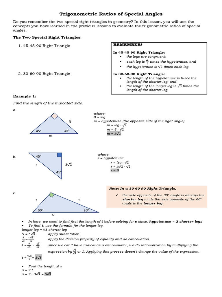 Trigonometric Ratios of Special Angles DL | Download Free PDF | Triangle | Trigonometry