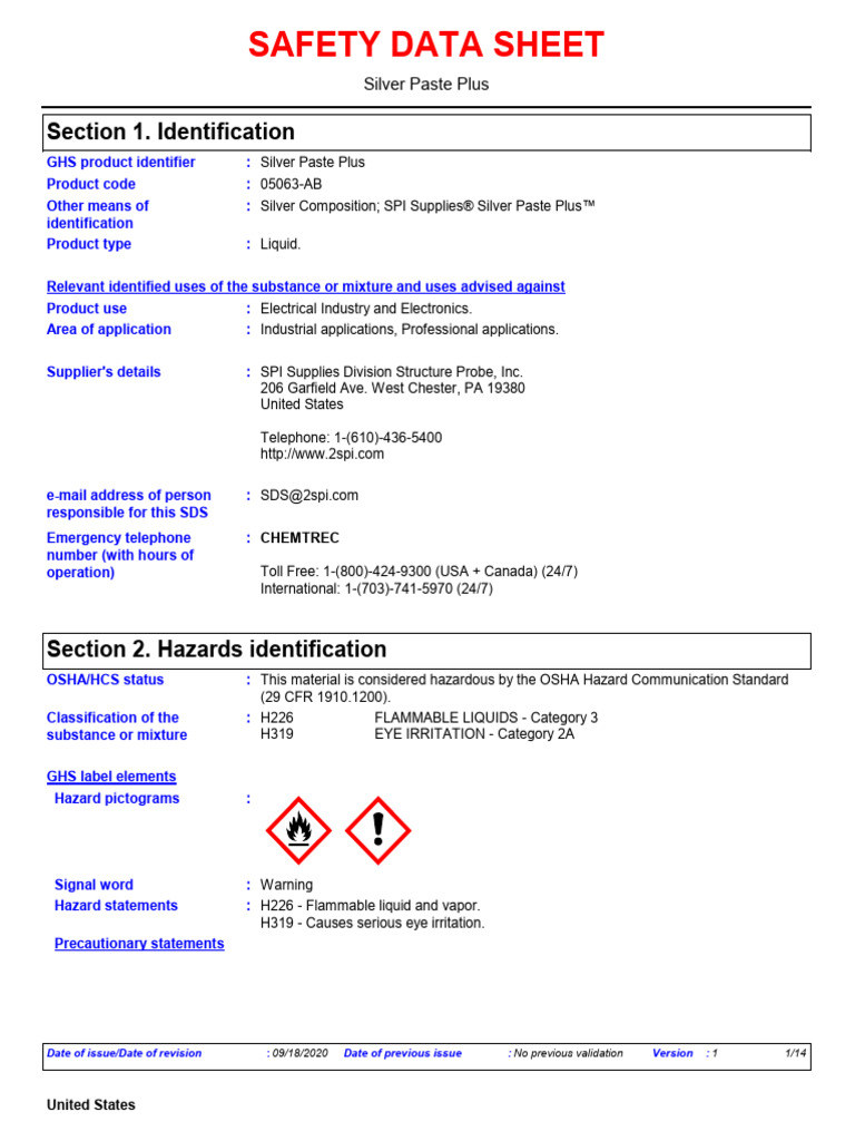 Safety Datasheet Silver Paste | PDF | Toxicity | Dangerous Goods