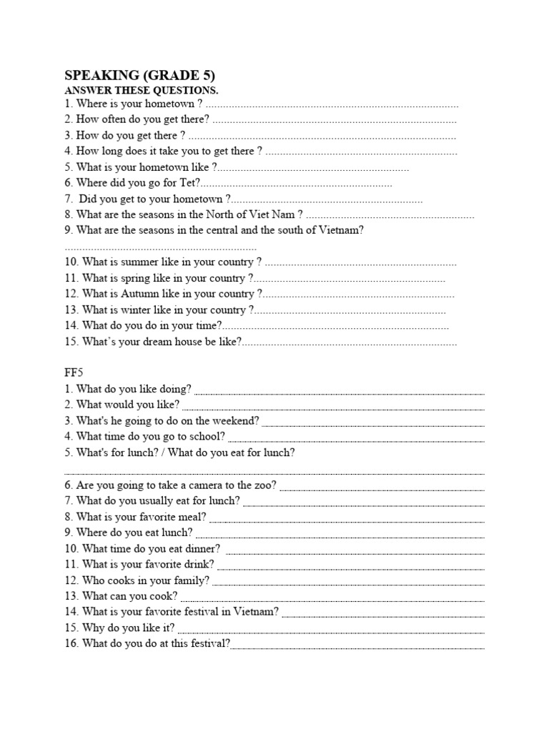 Speaking Grade 5 Pdf Lunch Meal