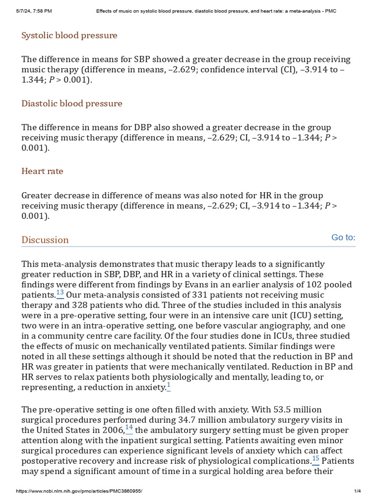 Effects of Music On Systolic Blood Pressure, Diastolic Blood Pressure ...