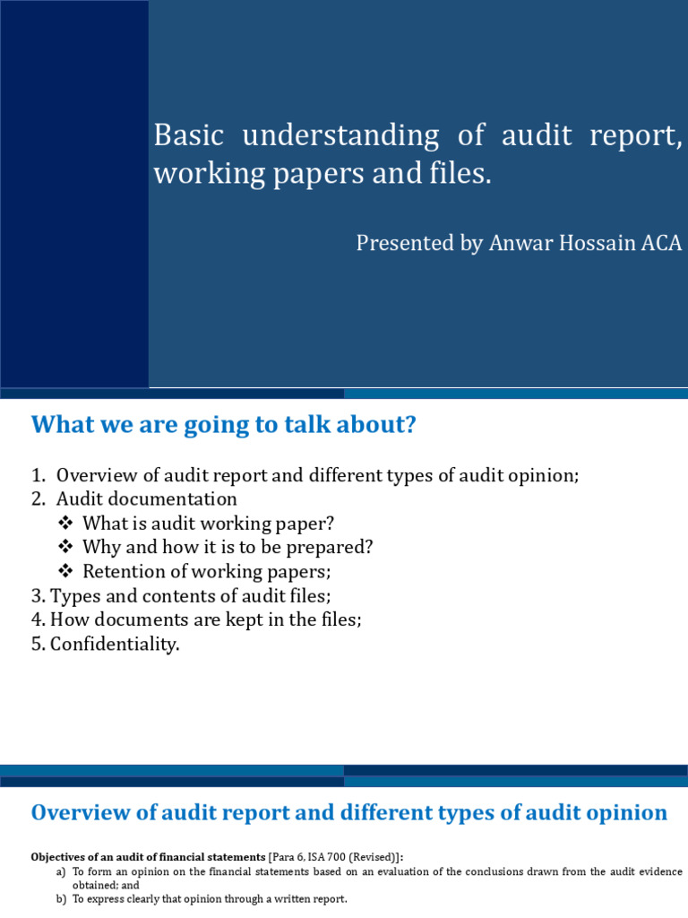 Presentation On Basic Understanding of Audit Report, Working Papers and ...