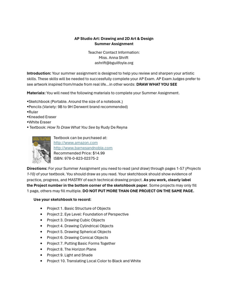 Ap Studio Art Summer Assignment | PDF | Drawing