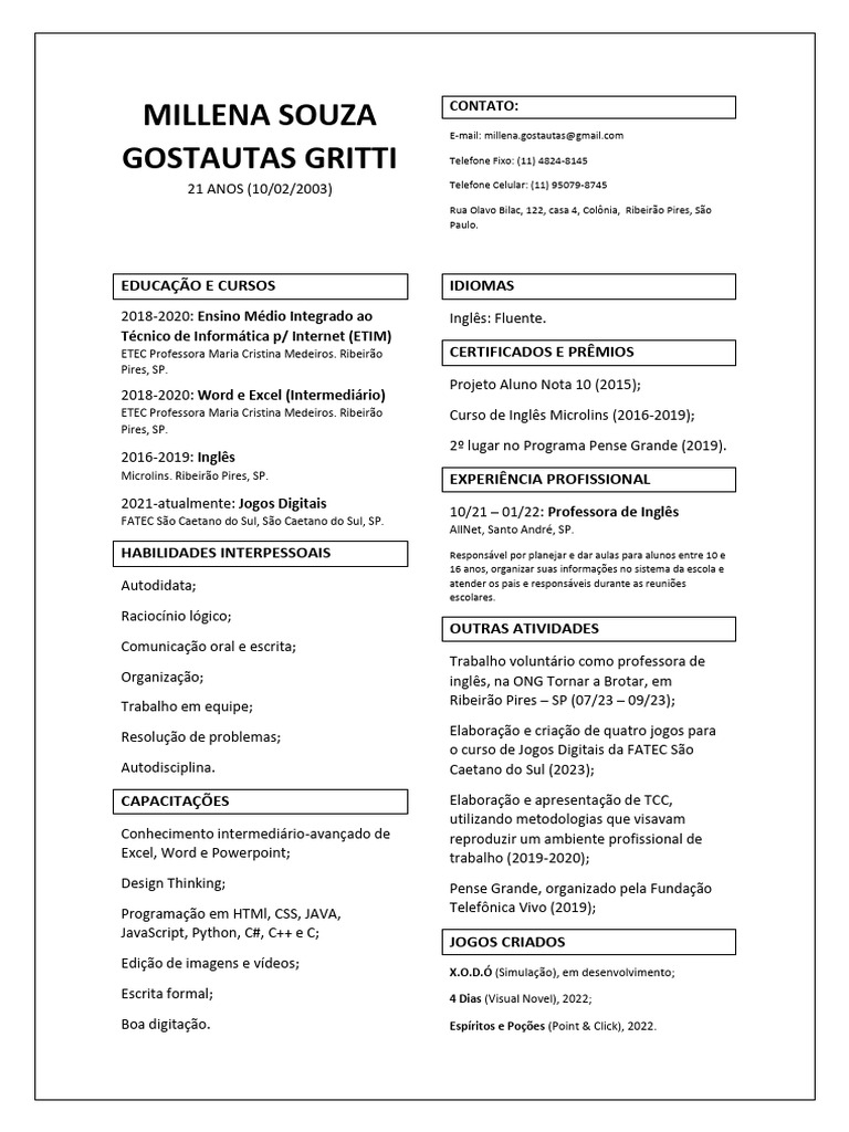 Curriculo - Millena Souza Gostautas Gritti-2 | PDF | Informática
