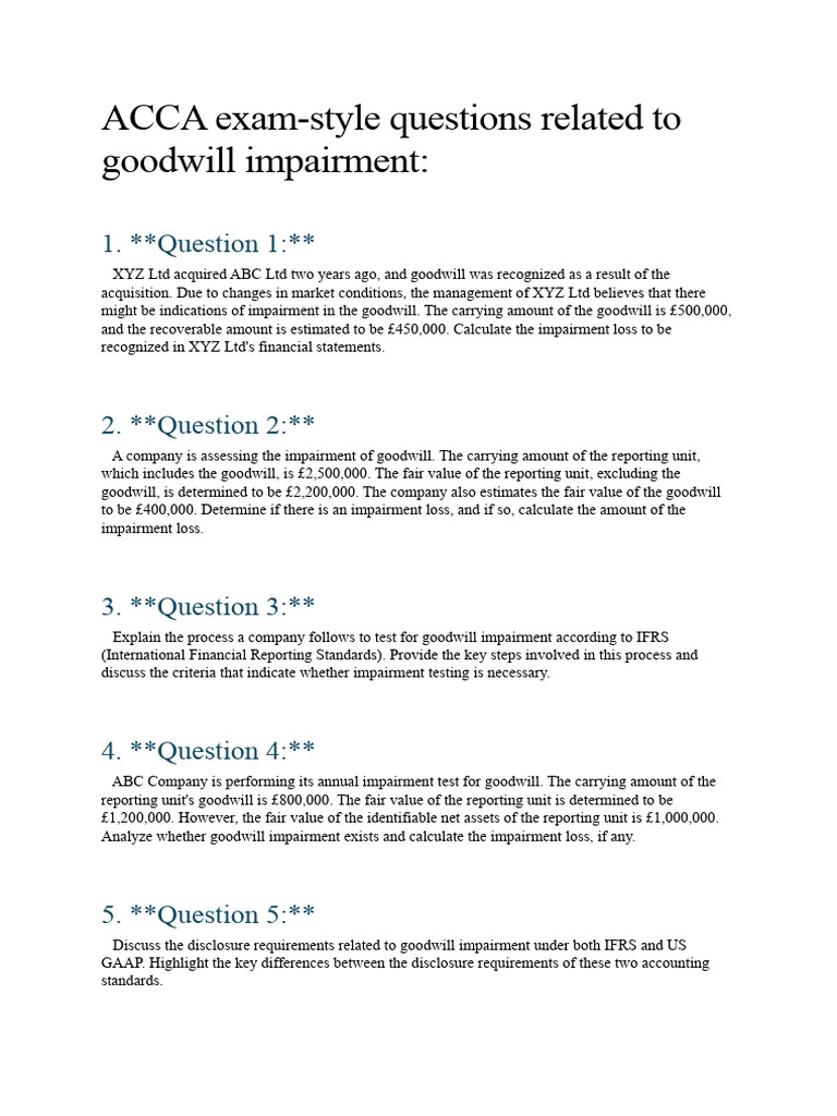 Goodwill Impairment Exam Questions & Answers | PDF | Goodwill ...