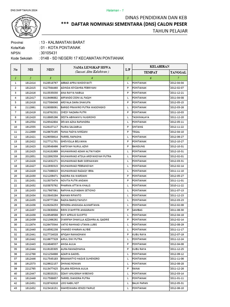 Format Pendataan DNS SD Tahun 2024 | PDF