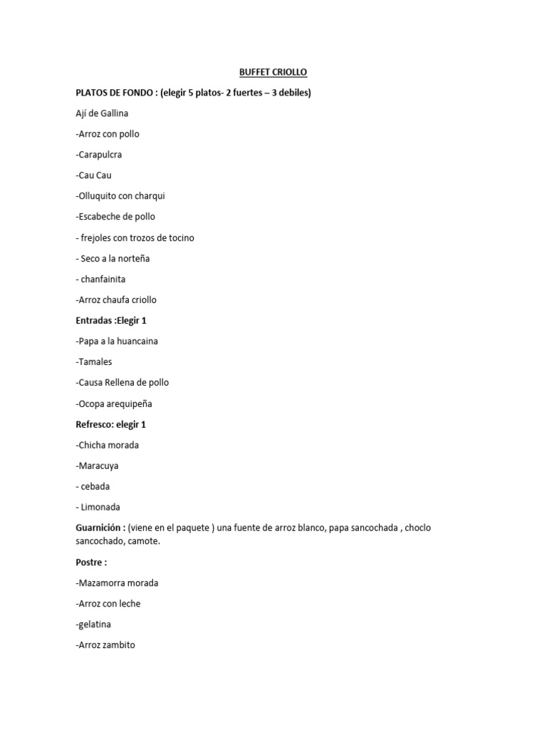 BUFFET CRIOLLO - Proforma | PDF