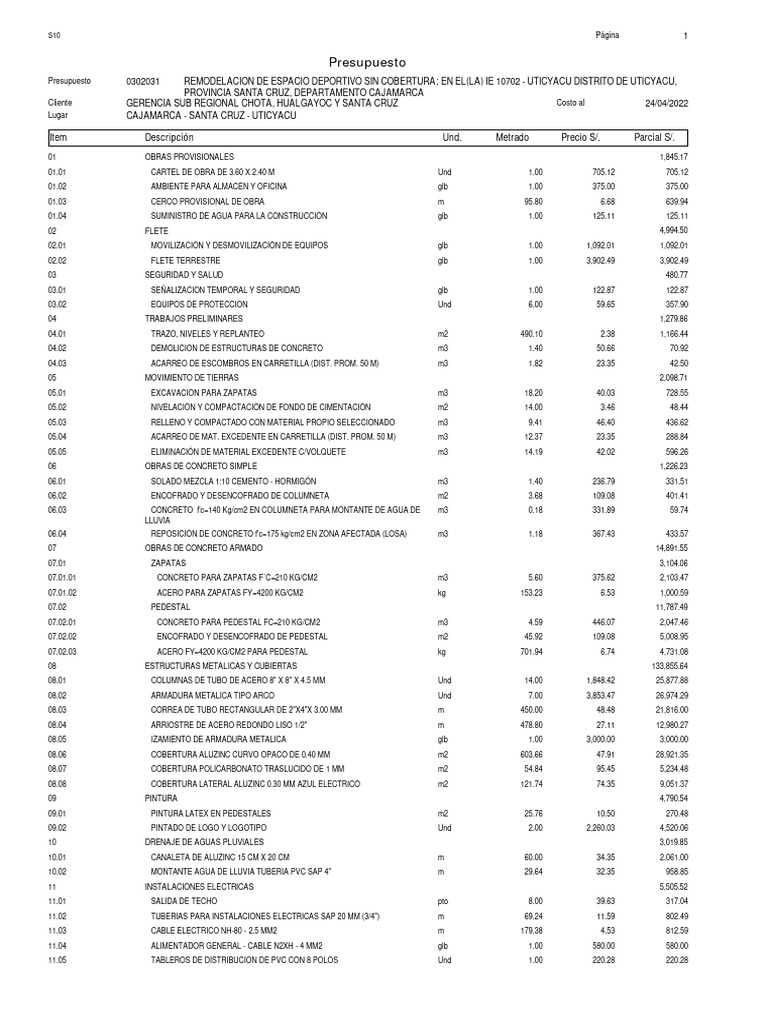 Presupuesto - Exp Tec - Uticyacu Santa Cruz | PDF | Hormigón | Diseño arquitectonico