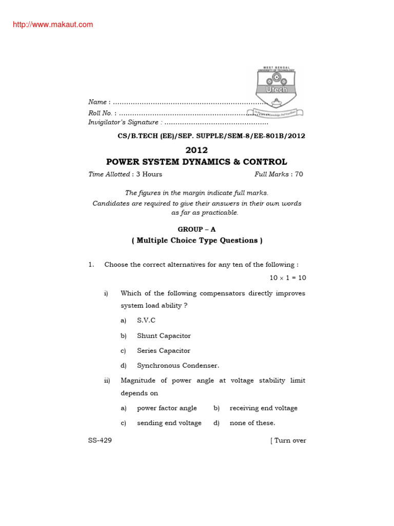 Btech Ee 8 Sem Power System Dynamics and Control s3 2012 | PDF | Ac Power | Electric Power ...