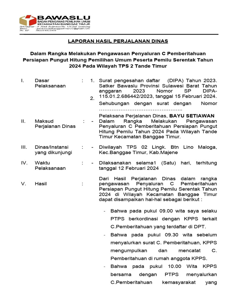 Laporan Pengawasan Pemilu 2024 Tande Timur | PDF
