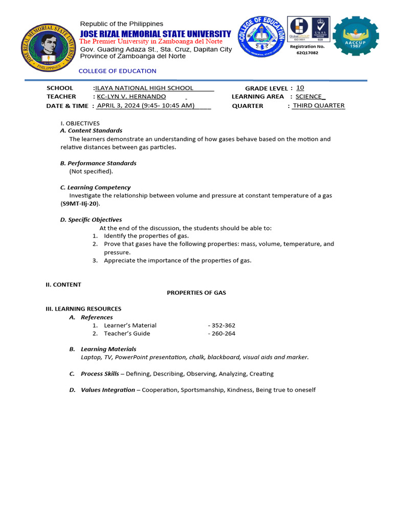LESSON PLAN (Properties of Gas) | PDF | Gases | Atmosphere Of Earth