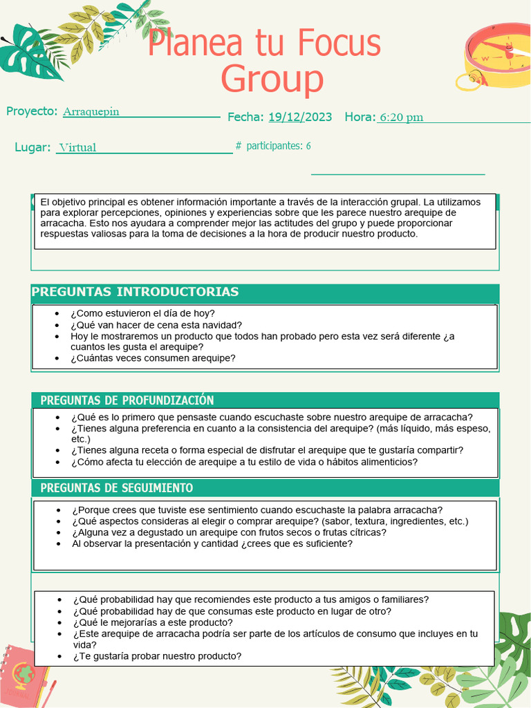 Plantilla Focus Group | PDF | Cocina, comidas y vino | Relaciones ...