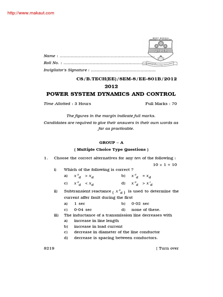 Btech Ee 8 Sem Power System Dynamics and Control 2012 | PDF ... Btech Ee 8 Sem Power System Dynamics and Control 2012 | PDF ...
