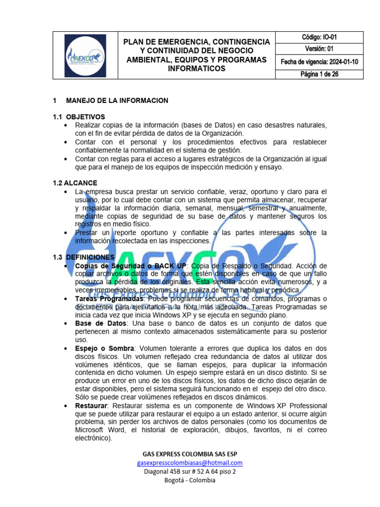 IO-01 PLAN DE EMERGENCIA, CONTINGENCIA Y CONTINUIDAD DEL NEGOCIO GAS EXPRESS SAS ESP | PDF ...