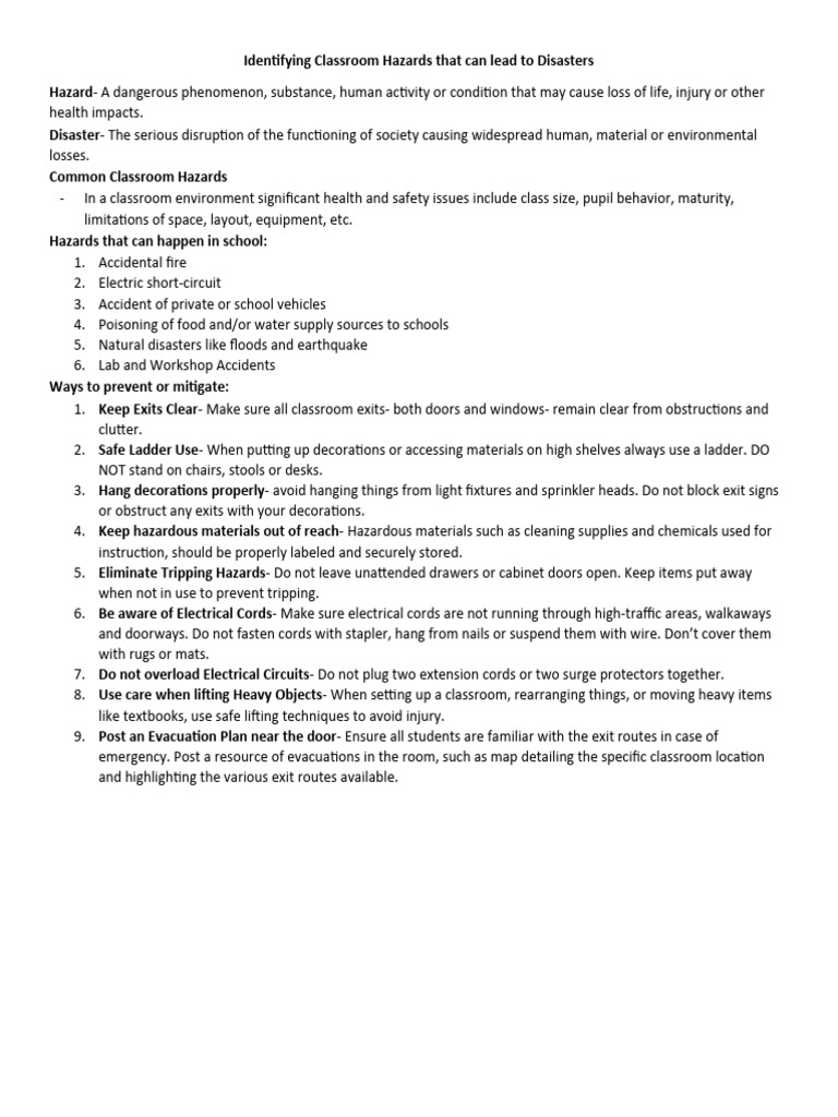 Handouts Identifying Classroom Hazards That Can Lead to Disaster | PDF ...