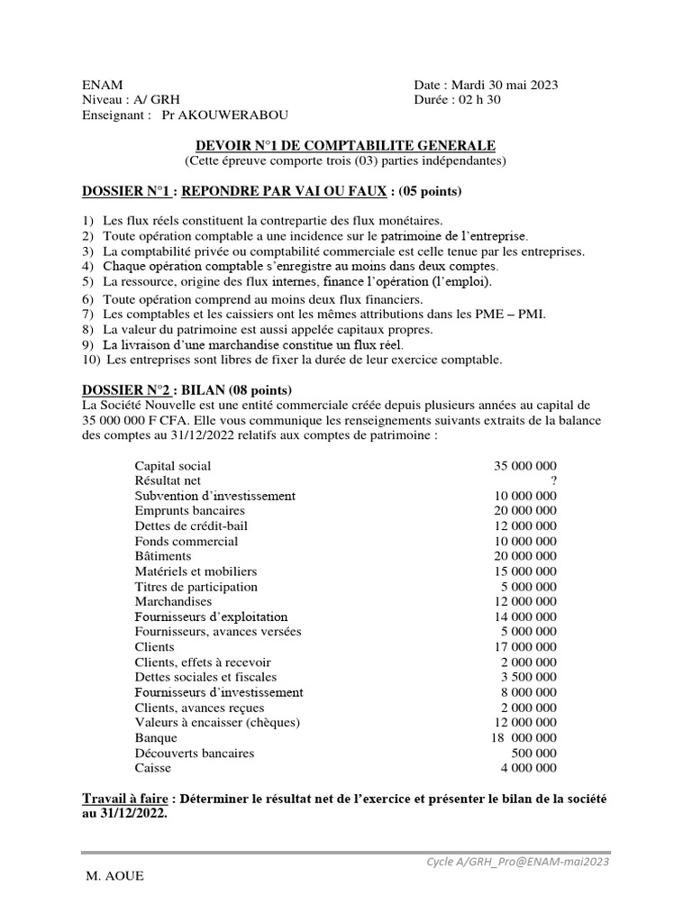 GRH Devoir N°1 Compta | PDF | Comptabilité | Comptabilité financière