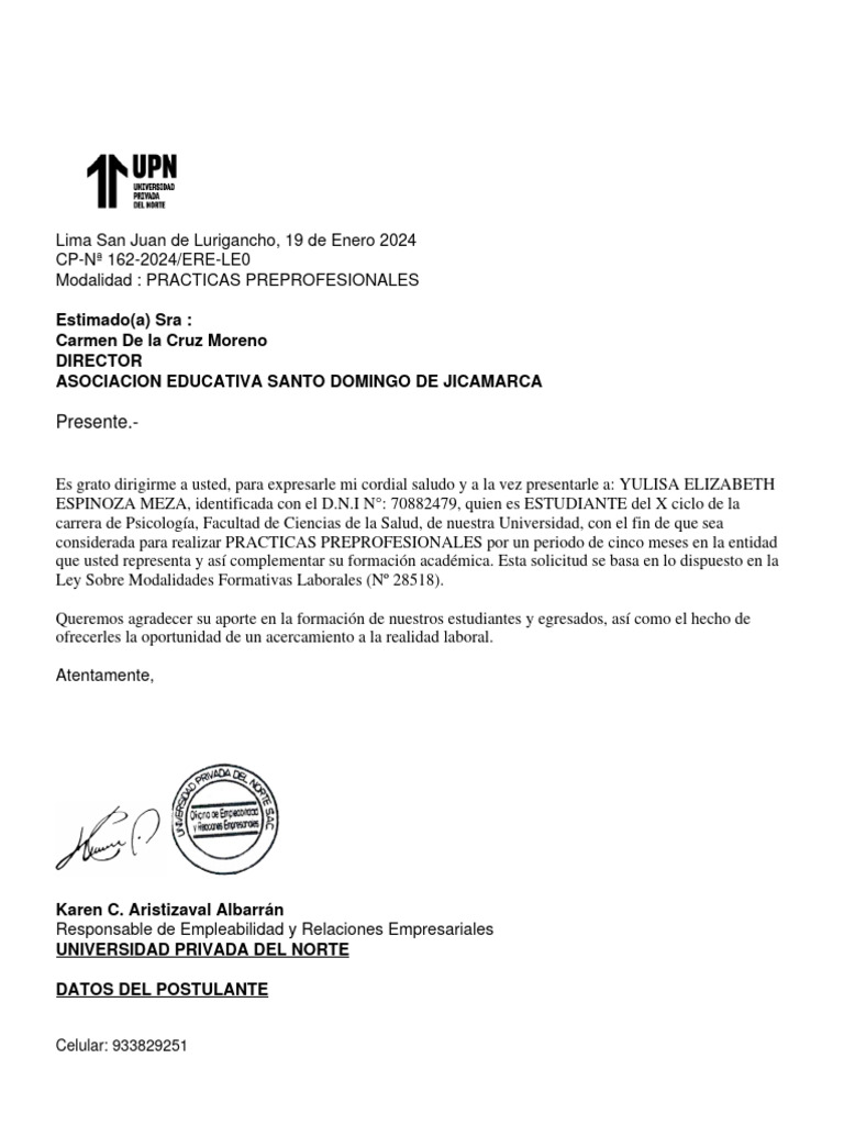 UPN CARTA DE PRESENTACIÓN | PDF