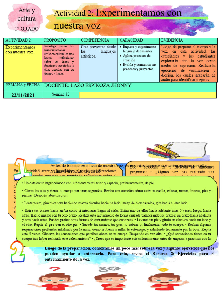 Primer Grado Arte Exp. 9 Act. 2 | PDF | Sonido | Canto