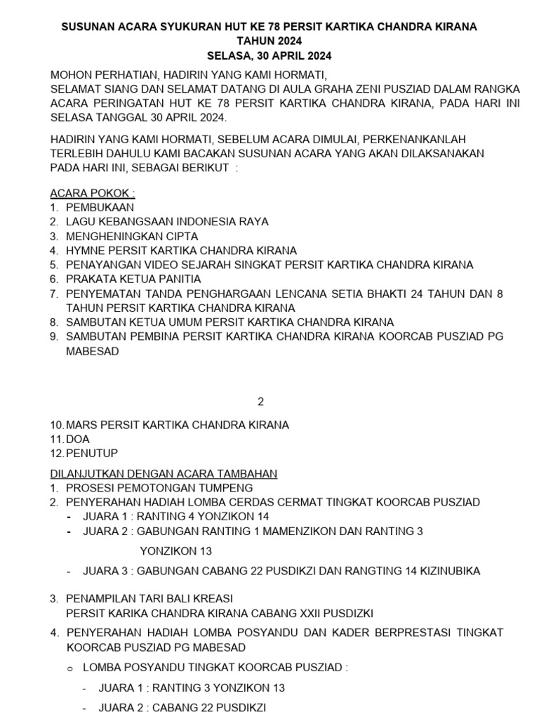 Susunan Acara Hut Persit KCK Ke 78 Tahun 2024 | PDF