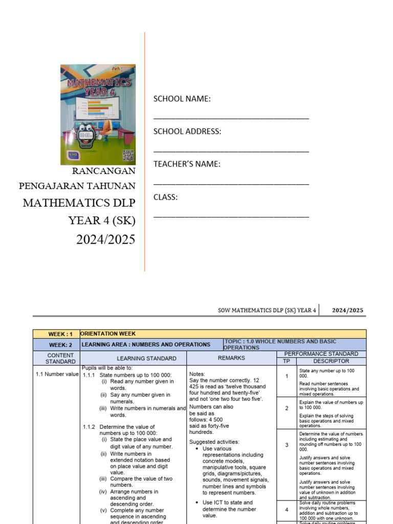 RPT Math DLP Year 4 (SK) 2024-2025 | PDF | Numbers | Subtraction