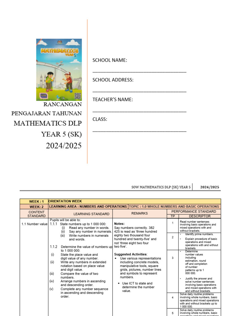 RPT Math DLP Year 5 (SK) 2024-2025 | PDF | Numbers | Decimal