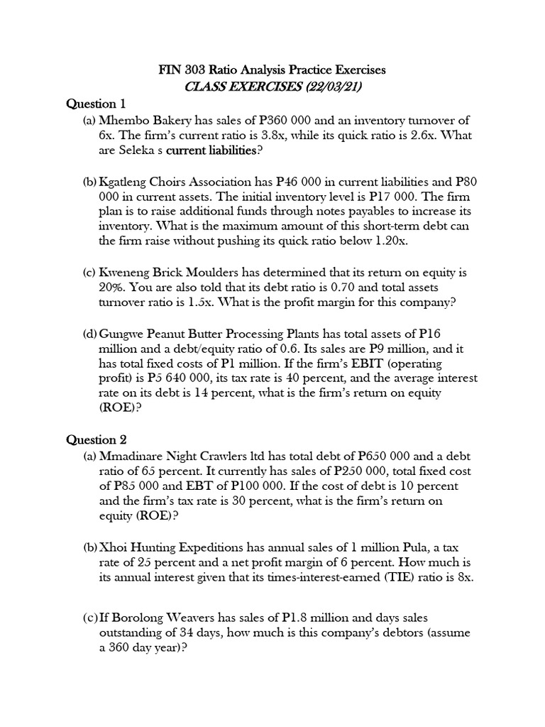 FIN 303 Ratio Analysis Practice Exercises 2023 With Solutions | PDF | Interest | Equity (Finance)
