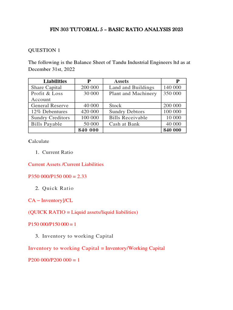 Fin 303 Tutorial - 3 Ratio Analysis 2023 Solutions | PDF