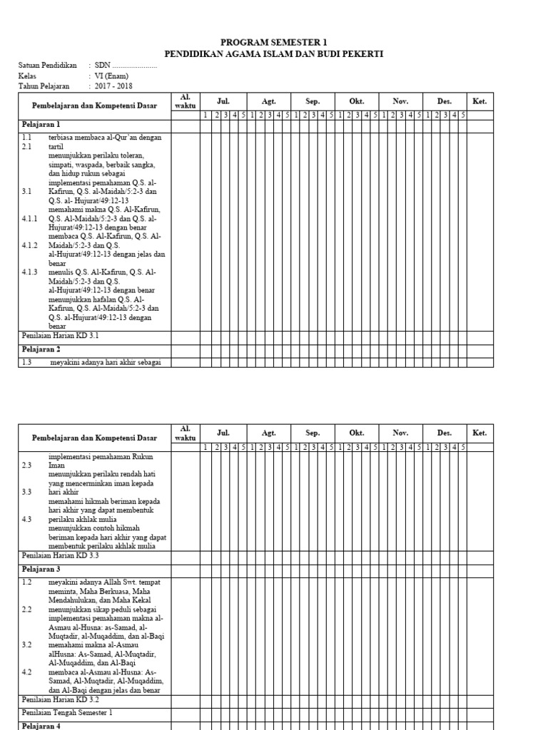 Program Semester 1 Kelas 6 Pai | PDF