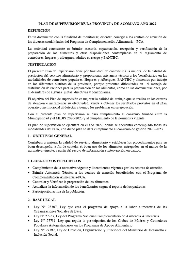 PLAN DE SUPERVISION-2022-ACOMAYO | PDF