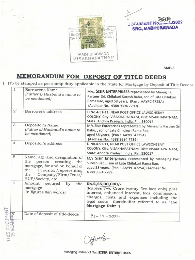 Memorandum For Depost of Title Deeds | PDF | Money | Banking