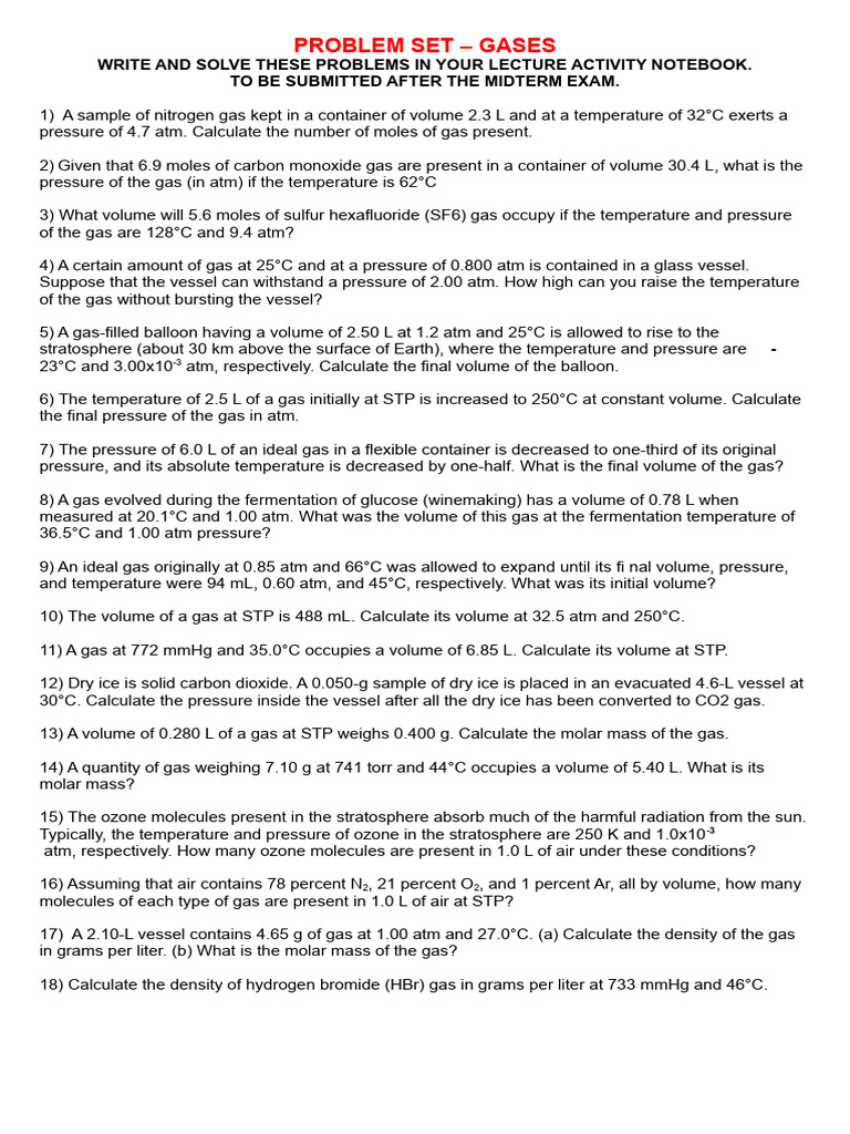 Gas Law Problem Set and Solutions | PDF | Gases | Atmosphere Of Earth